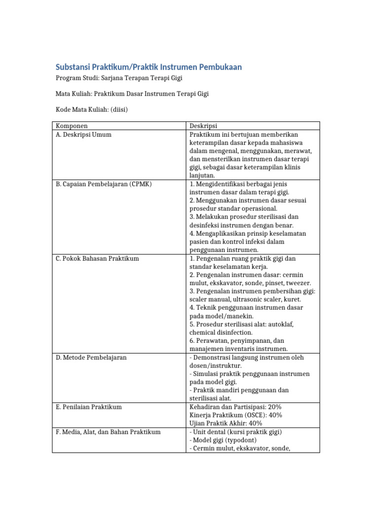 Substansi Praktikum Prodi Terapi Gigi Borang | PDF