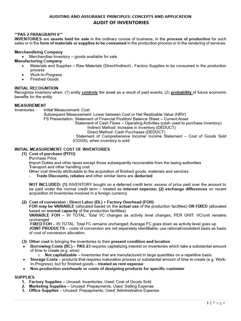 Audit of Inventories Theory | PDF | Inventory | Cost Of Goods Sold