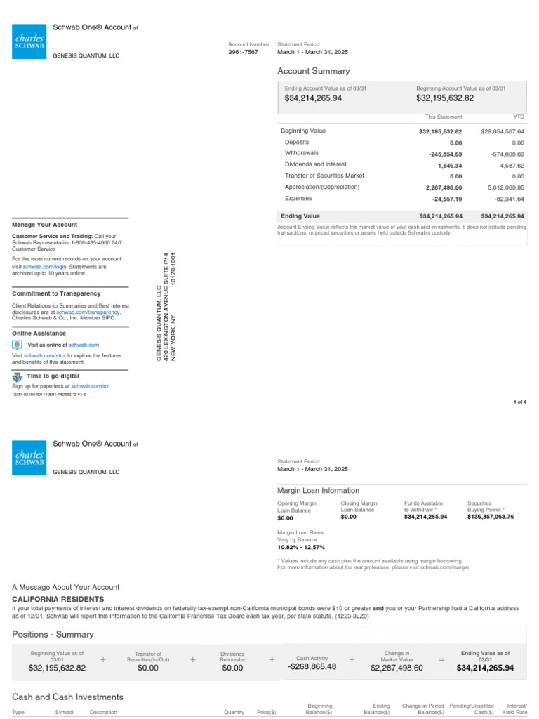 Charles Schwab Statement March 2025 845456255 | PDF | Banks | Margin ...