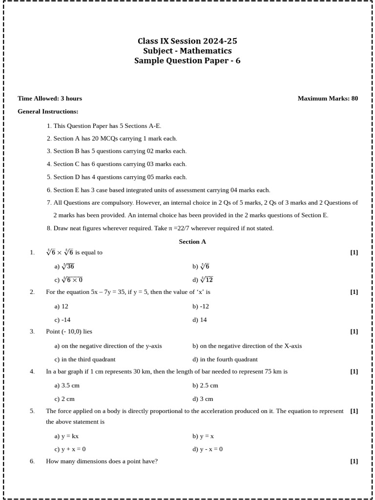 Class IX Mathematics Sample Paper 2024 | PDF | Triangle | Area
