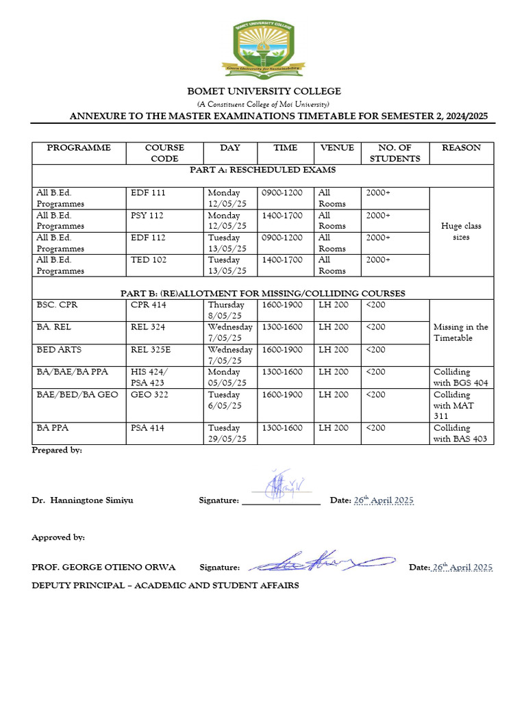 Annexure To The Final Exam Timetable Sem 2-2024-2025 | PDF | Educational Stages | Higher Education