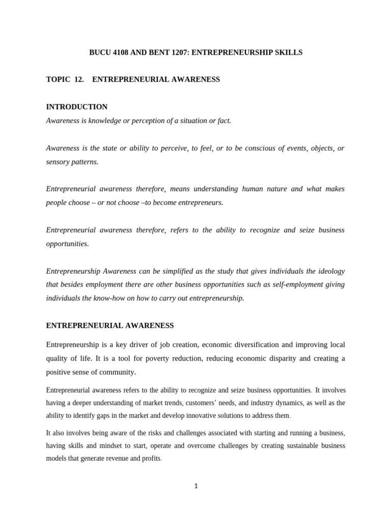 Topic 12. Entrepreneurial Awareness | PDF | Entrepreneurship | Mindset