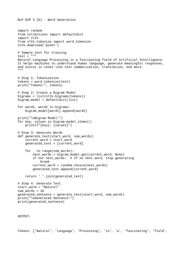 Word Generation in NLP with Bigram Model | PDF