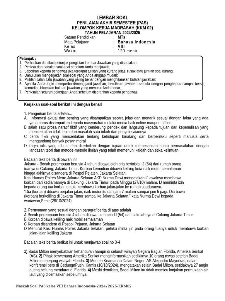 NASKAH SOAL PAS BINDO 8 | PDF