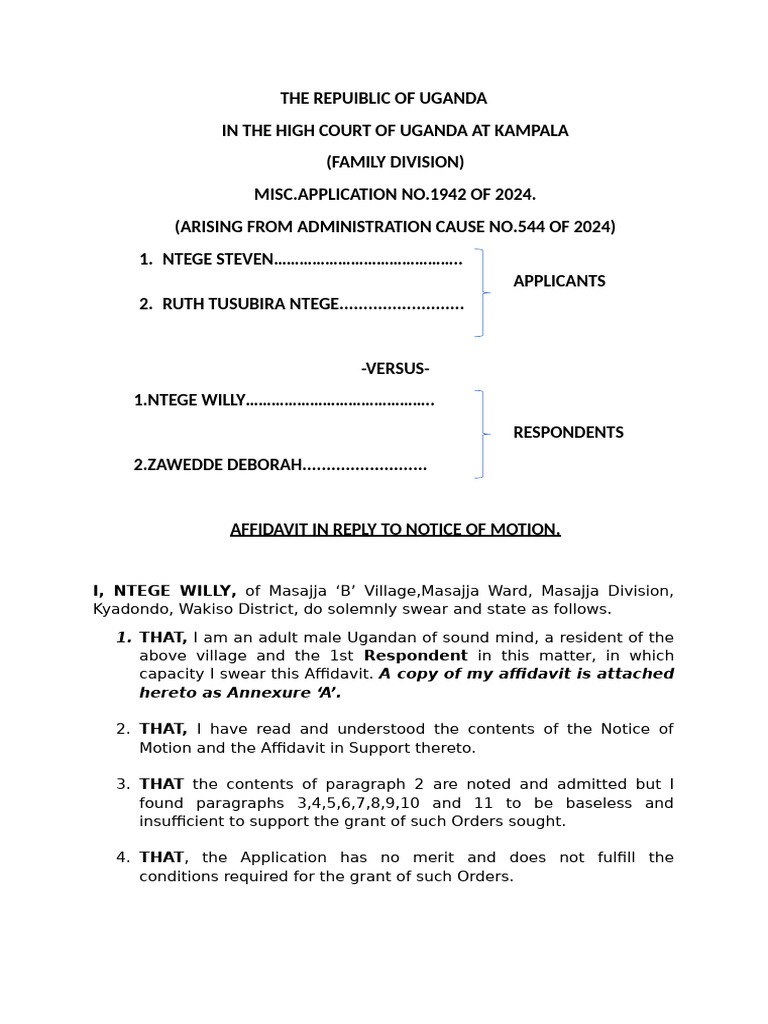 Ntege's Affidavit in Reply To Notice of Motion | PDF | Common Law | Justice