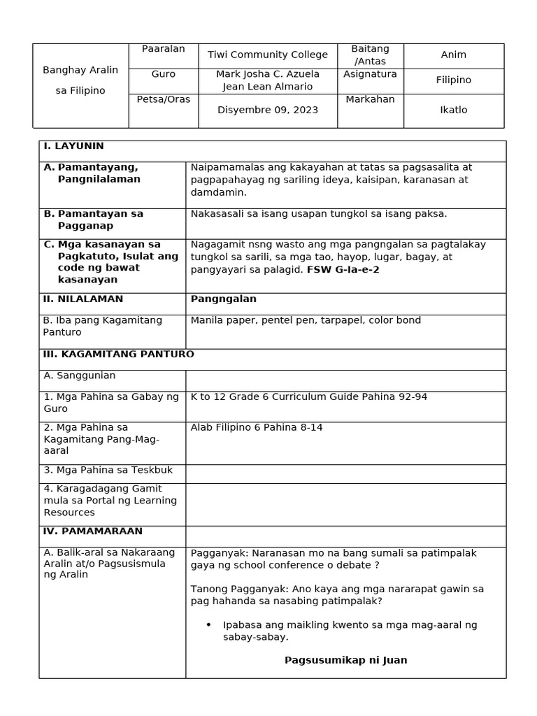 Banghay Aralin LP7 | PDF