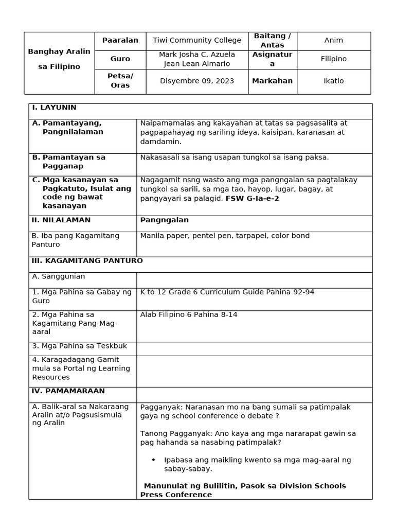 Banghay Aralin LP8 | PDF