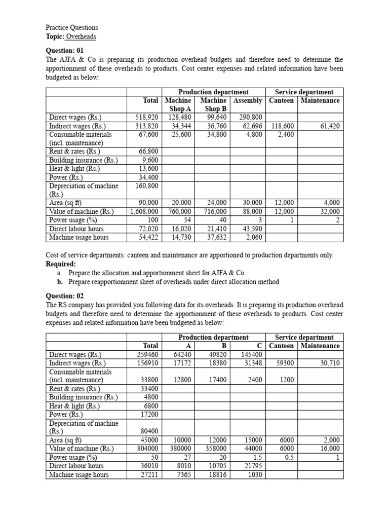 Overheads Practice Question (Shorten) | PDF | Business Economics | Business