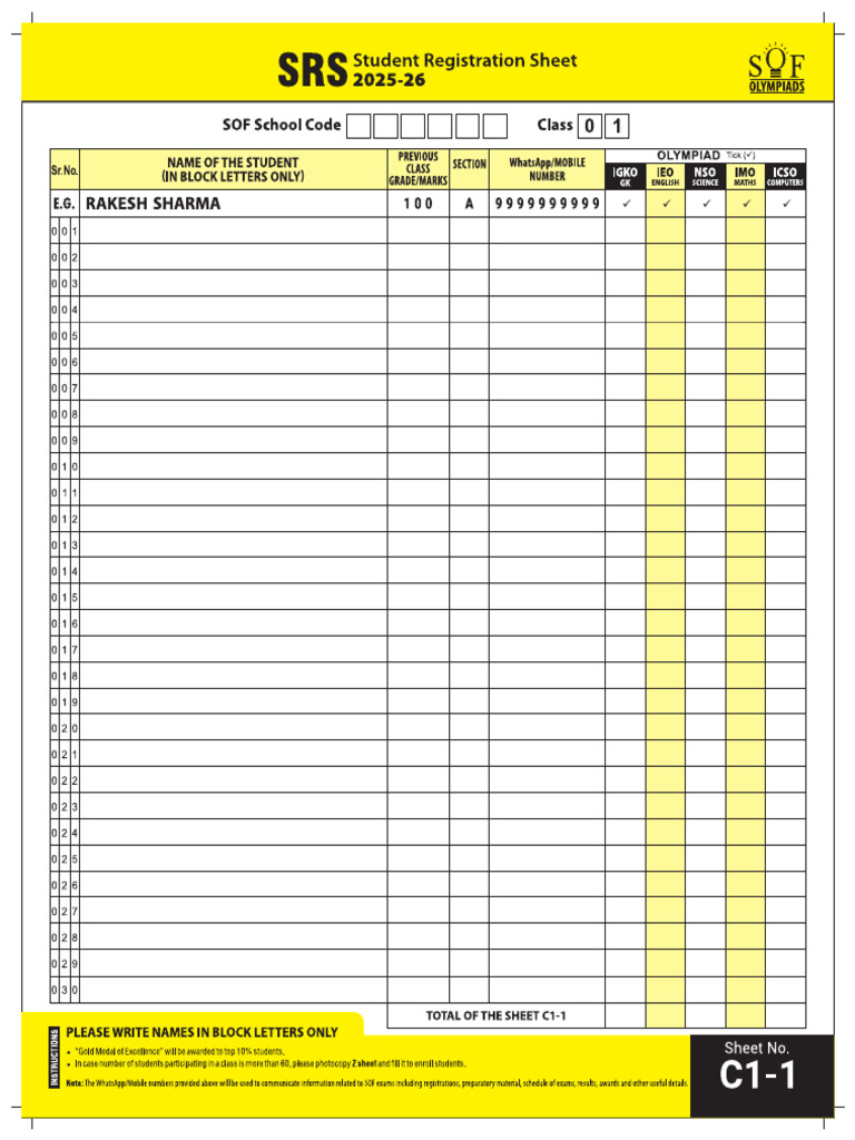 Sof Students Registration Sheet Srs | PDF