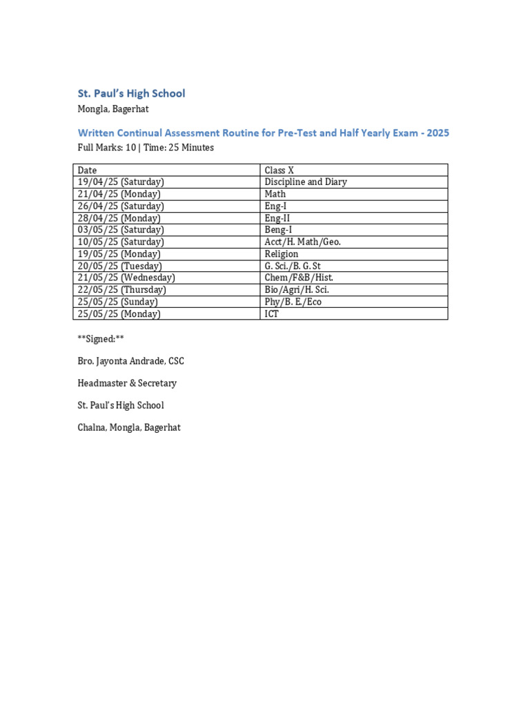 Class 10 Exam Routine | PDF