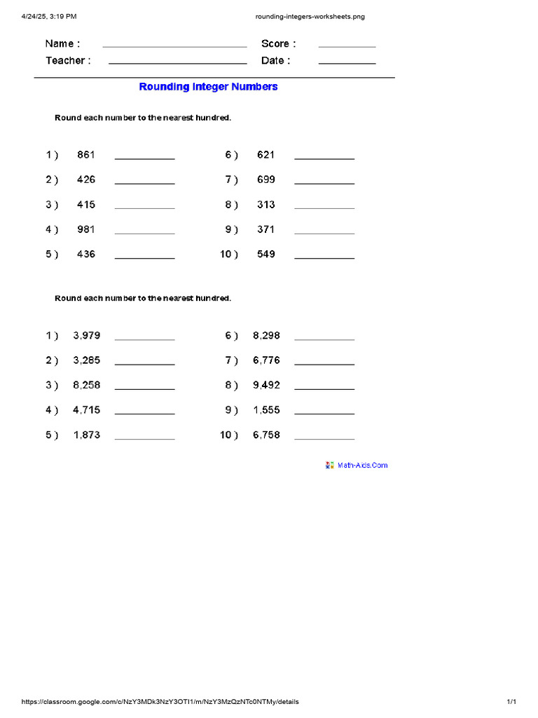 Rounding Integers Worksheets - PNG | PDF