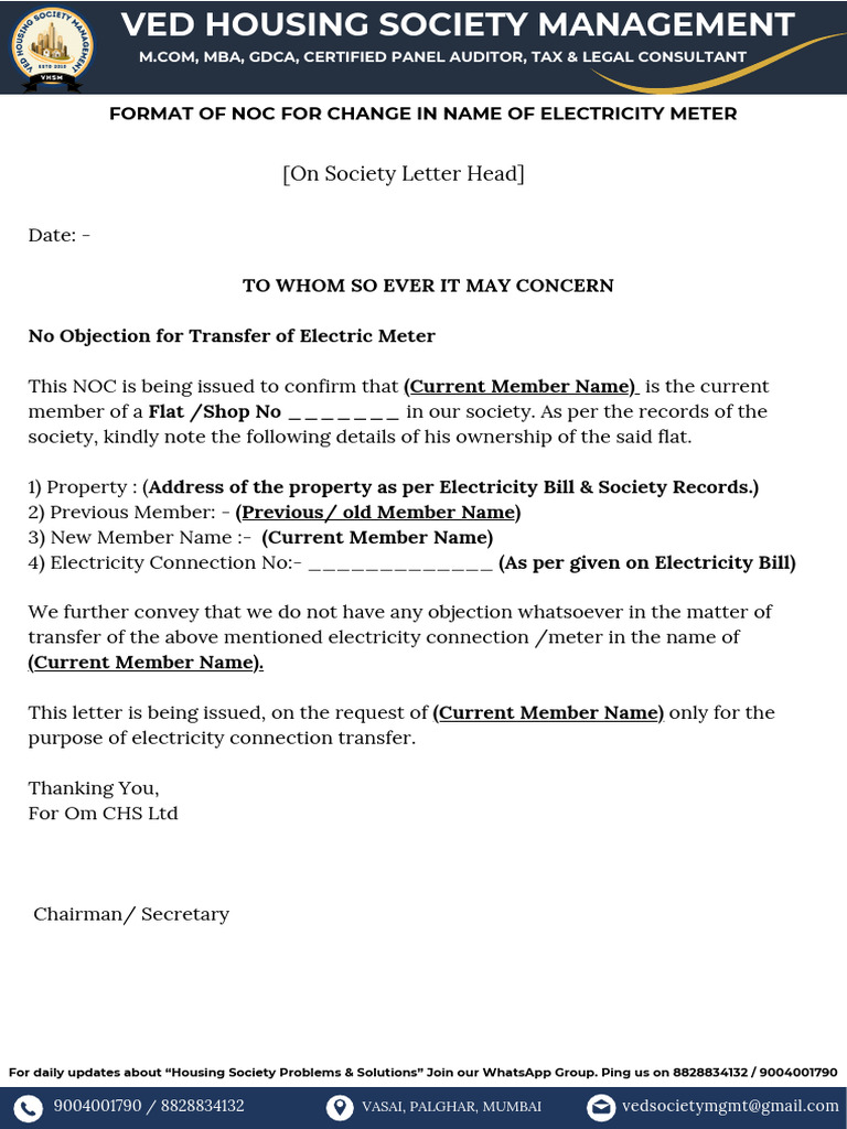 Format of Noc For Change in Name of Electricity Meter | PDF