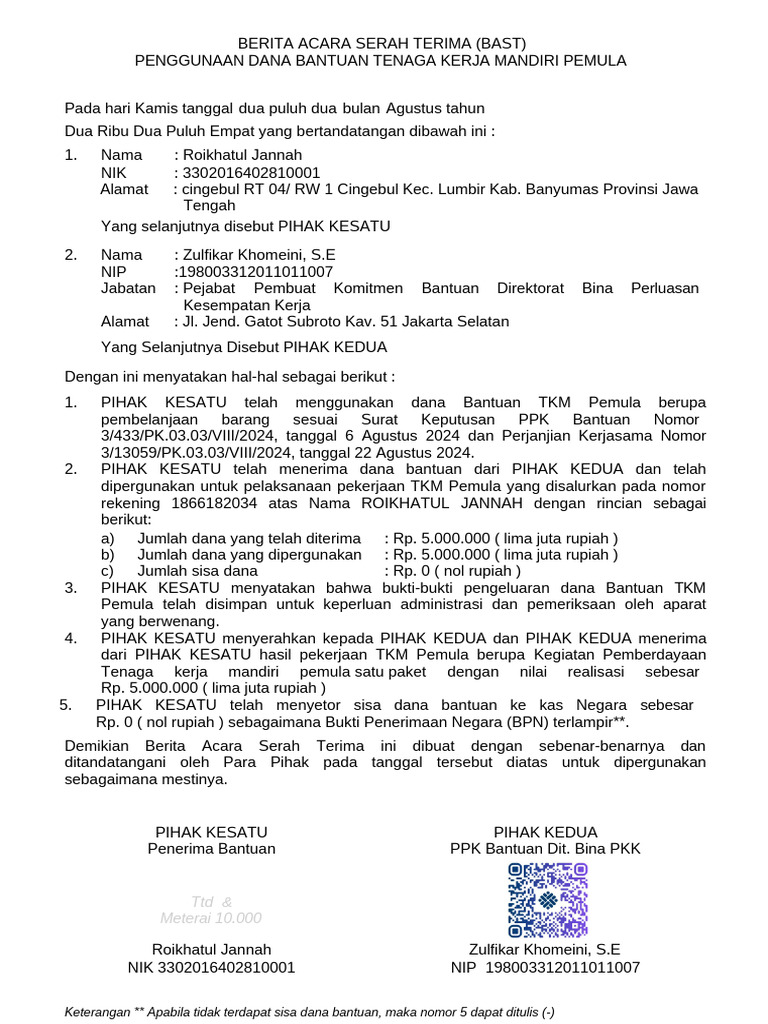 Serah Terima Dana TKM Pemula Roikhatul | PDF