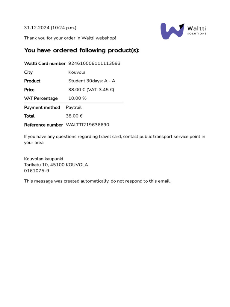 Waltti webshop receipt, WALTTI219636690 | PDF