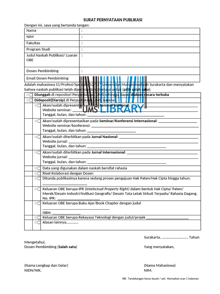 Surat Pernyataan Publikasi UMS | PDF