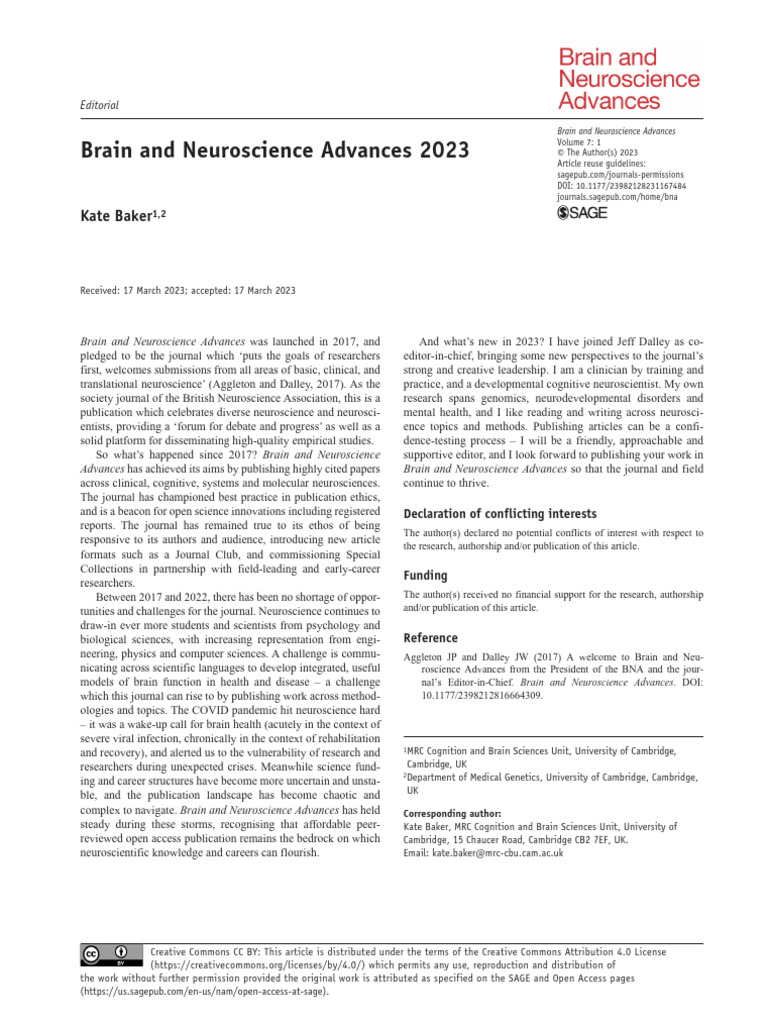 Brain and Neuroscience Advances 2023 | PDF | Neuroscience | Behavioural Sciences