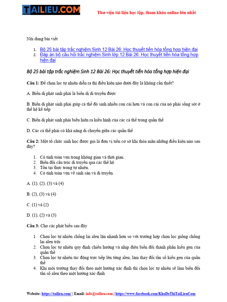 2021111618565161939c839bb83 Cau Hoi Trac Nghiem Sinh 12 Bai 26 Hoc Thuyet Tien Hoa Tong Hop Hien ...
