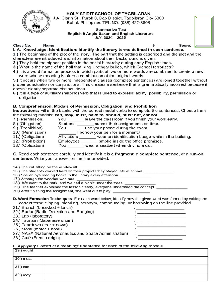 1st Summative Test Eng - 9 - 2425 | PDF | Beowulf | Linguistics