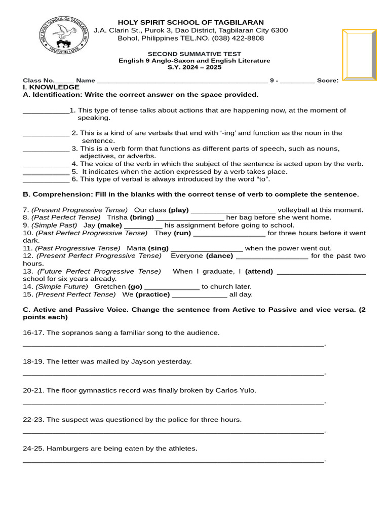 English 9 Literature Test: Verbals & Tenses | PDF | Verb | Grammatical ...