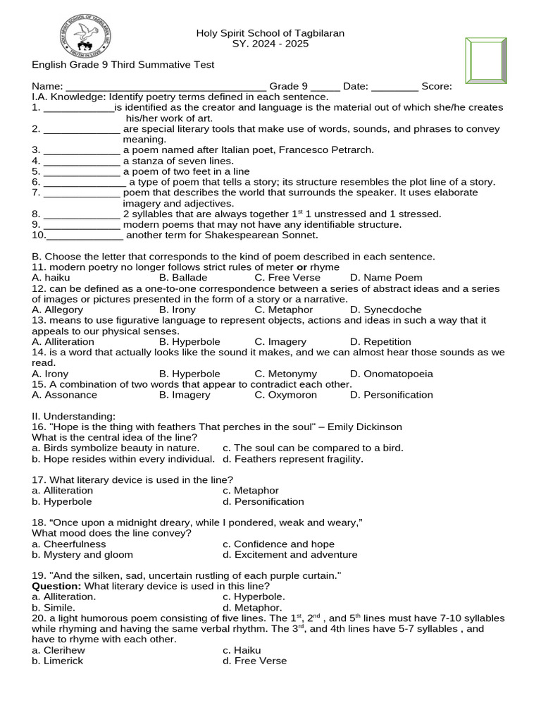 3rd Summative - Test Eng - 9 - 2425 | PDF | Poetry | Poetics