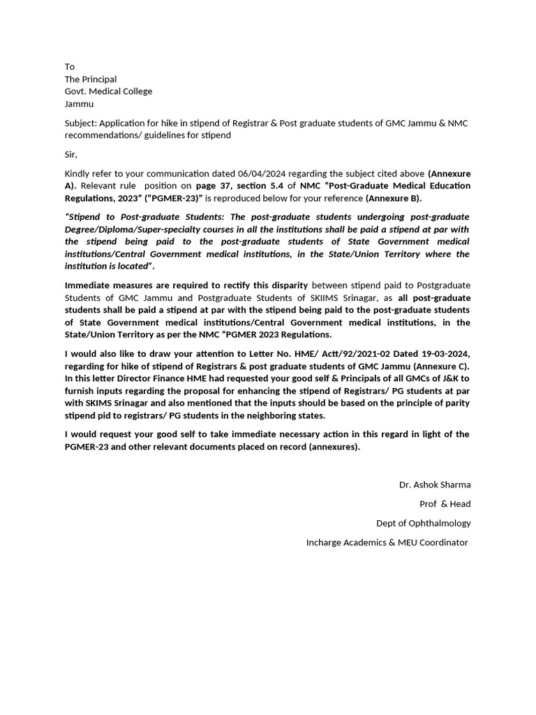 PG Stipend Hike Letter to PMC | PDF