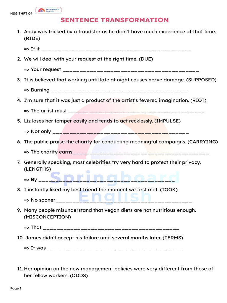 SENTENCE TRANSFORMATION - Grammar + Vocab | PDF