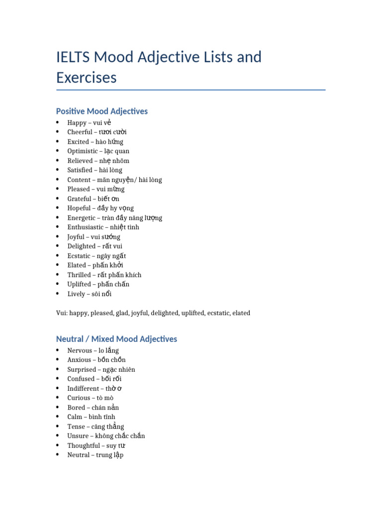 IELTS Mood Adjectives Exercises VI | PDF