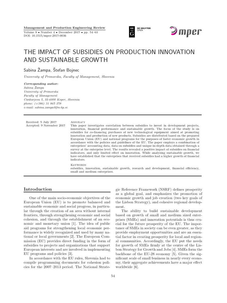 16.THE IMPACT OF SUBSIDIES ON PRODUCTION INNOVATION AND SUSTAINABLE GROWTH | PDF | Small And ...