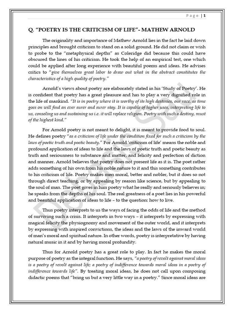 Arnold's View: Poetry as Life's Critique | PDF | Poetry | Truth