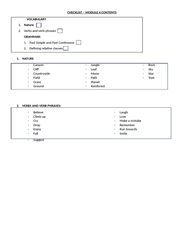Module 4 Vocabulary and Grammar Checklist | PDF