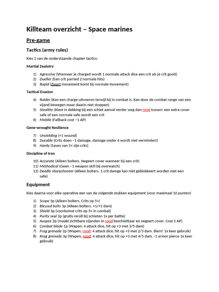 Killteam team overzicht – Space marines | PDF