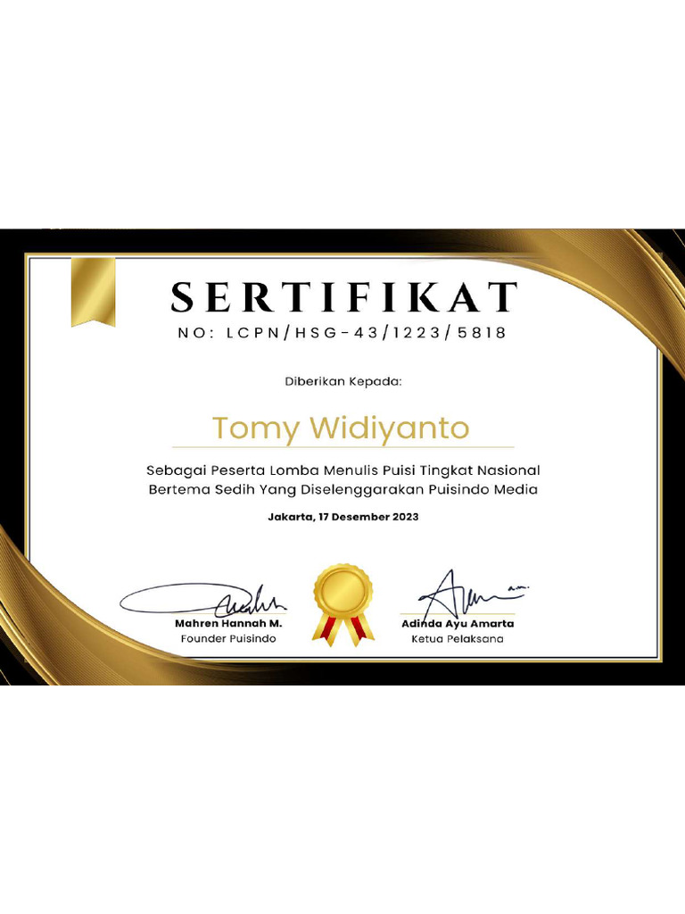 Sertifikat Peserta Lomba Puisi - Tomy | PDF