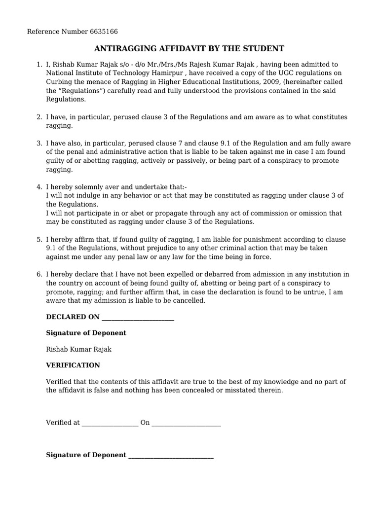 AntiraggingAffidavitForm 1st Sem Mtech | PDF | Affidavit | Justice