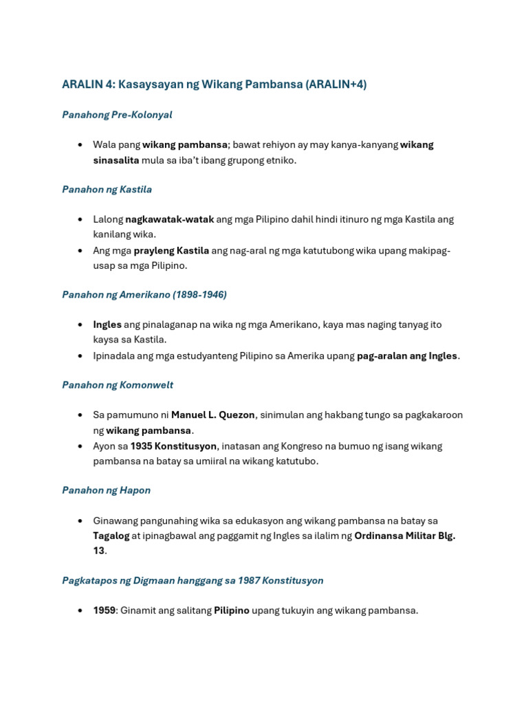 ARALIN 4 Kasaysayan NG Wikang Pambansa ARALIN 4 | PDF