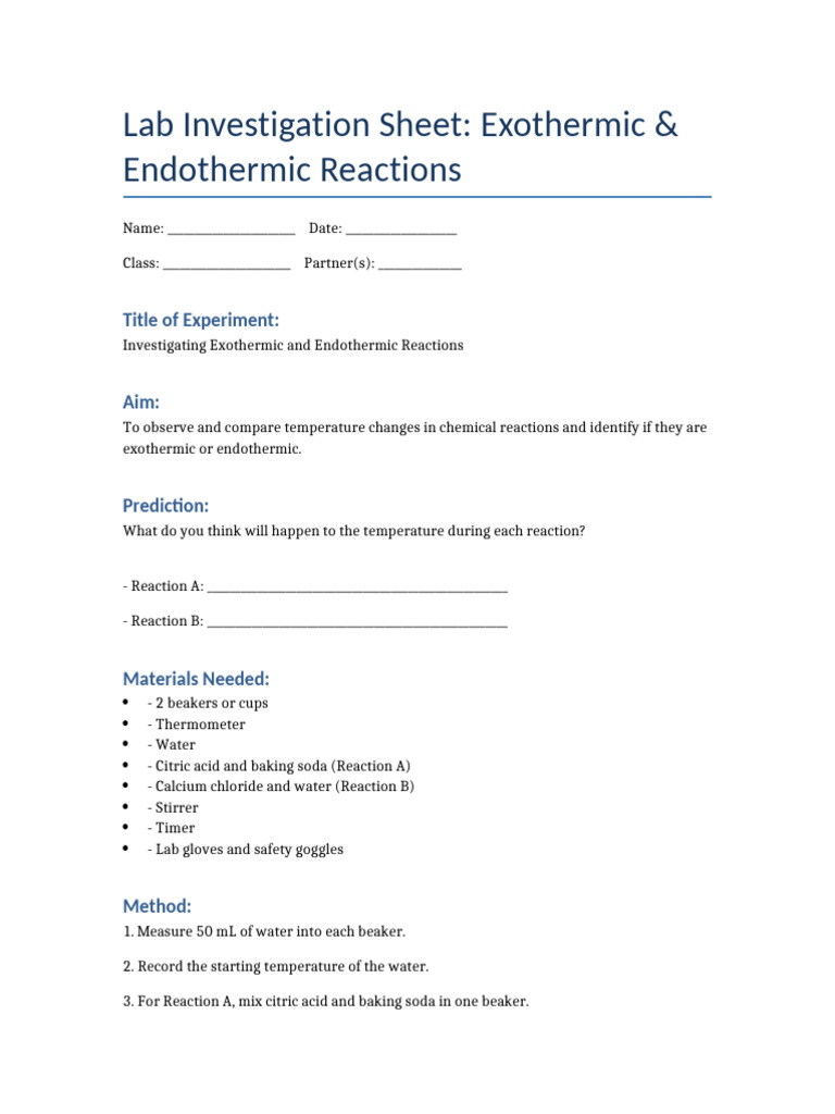 Exothermic Endothermic Lab Investigation | PDF