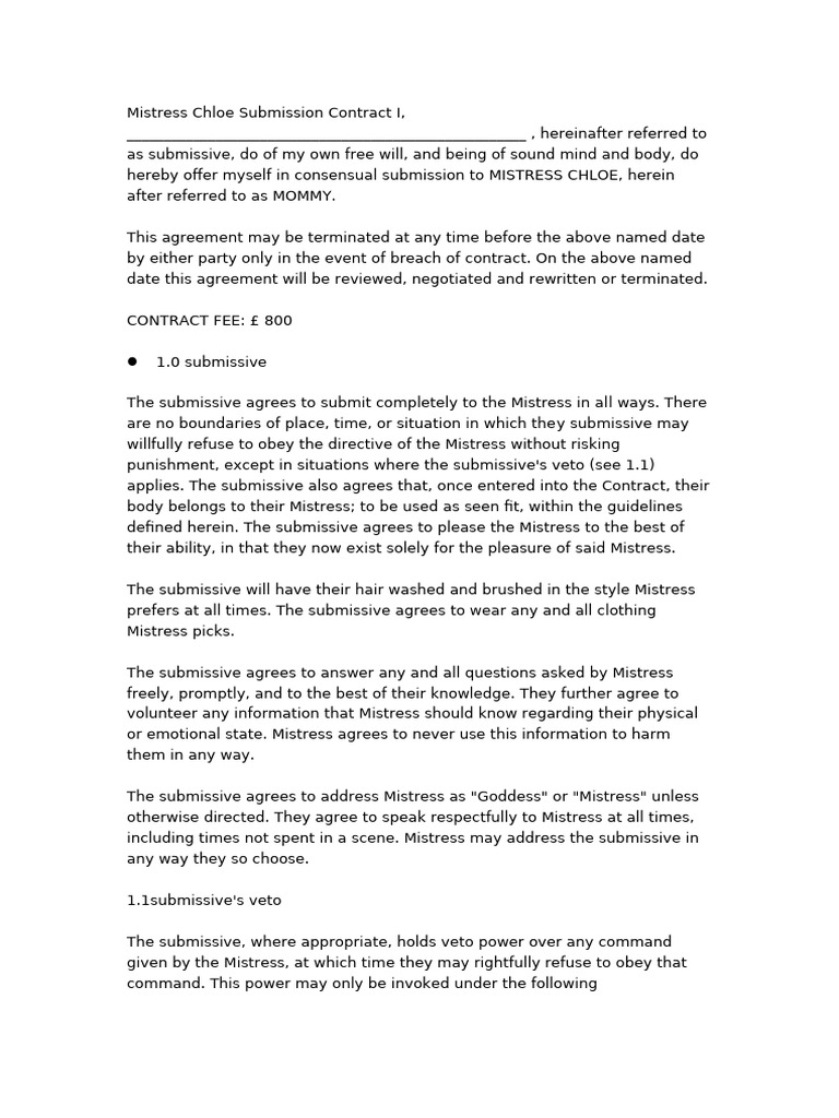 Mistress Chloe Submission Agreement | PDF | Punishments | Dominance And ...