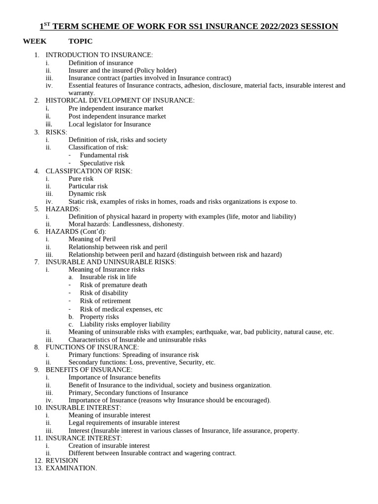 Scheme of Work For SS1 Insurance | PDF | Insurance | Reinsurance