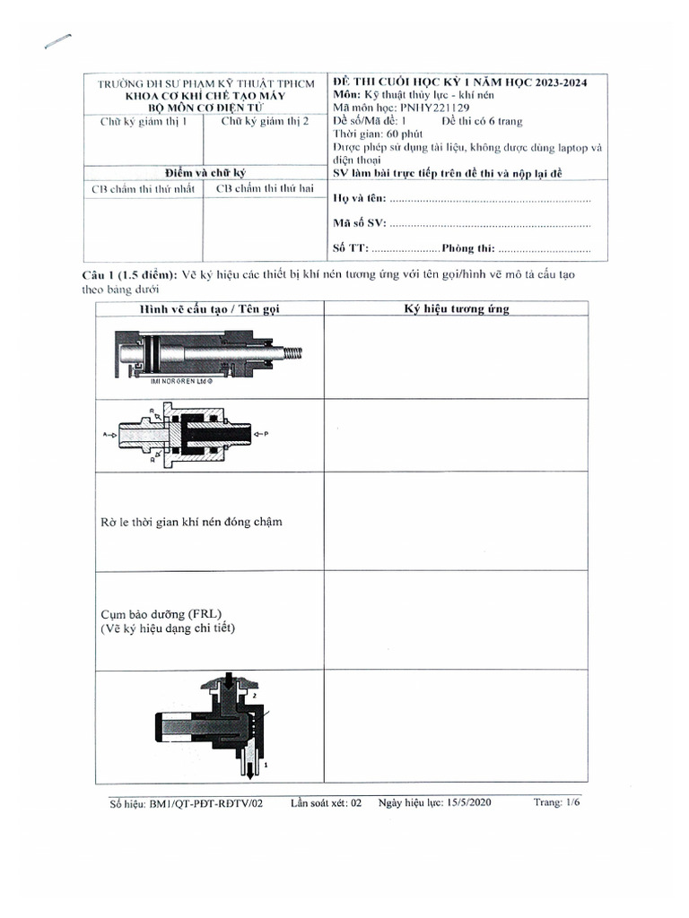 De Thi Mon Ky Thuat Thuy Luc Khi Nen - Pnhy 221129 (Thi Som) | PDF