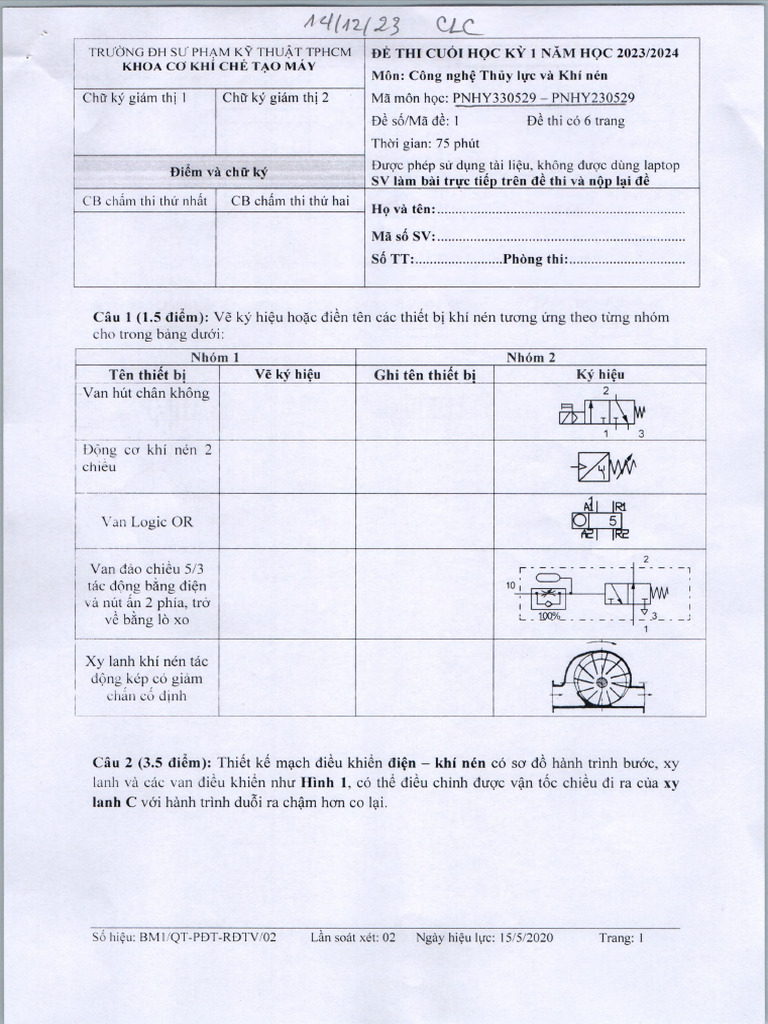 De Thi Mon CN Thuy Luc Khi Nen - PNHY330529 Thi Ngay 14-12-2023 CLC | PDF