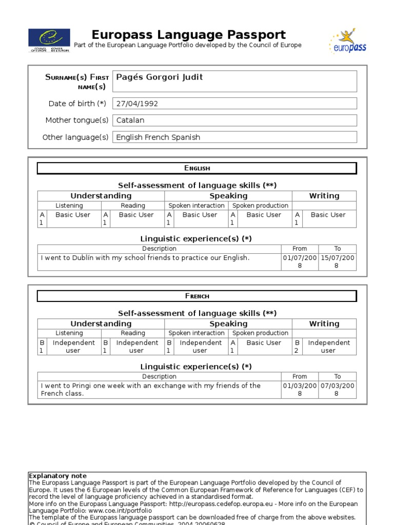 Europass Language Passport: S F Pagés Gorgori Judit | PDF ...