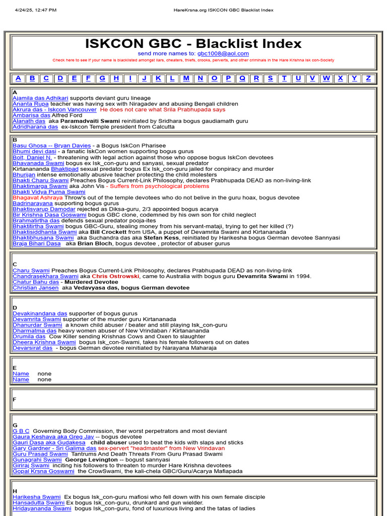 HareKrsna.org ISKCON GBC Blacklist Index | PDF | Guru | Bhagavad Gita