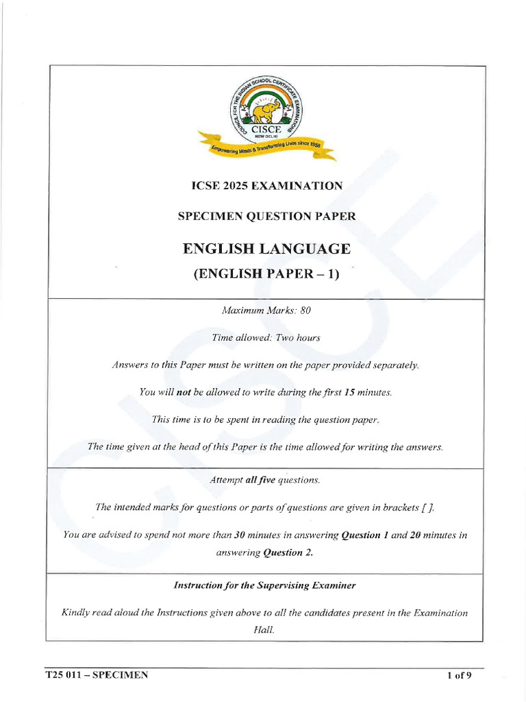 Icse 2025 Specimen 011 Eng1 QP Ms | PDF