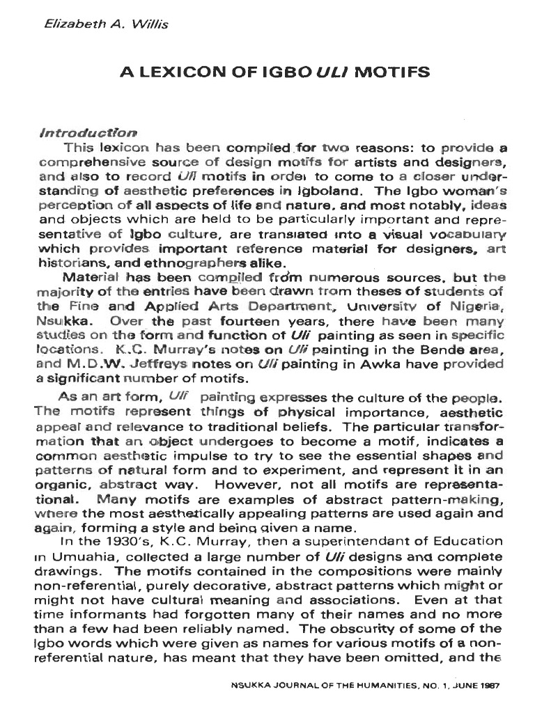 Nsukka Journal of The Humanities, Vol. 1 No.1 - A Lexicon of Igbo Uli Motifs | PDF