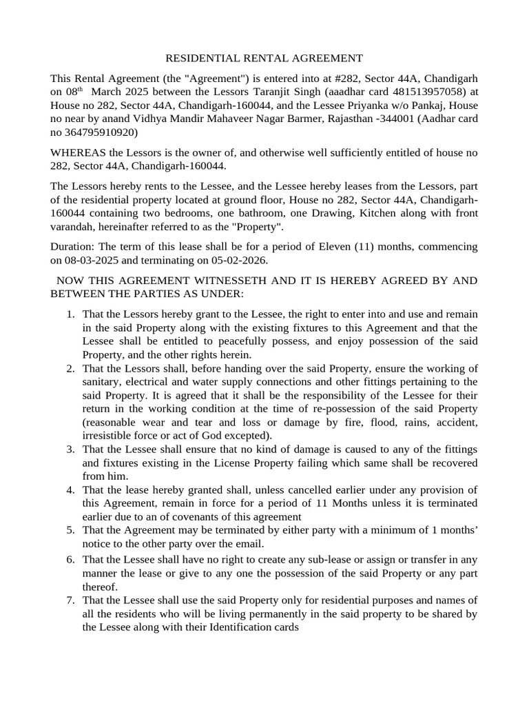 Residential Rental Agreement | PDF | Lease | Private Law