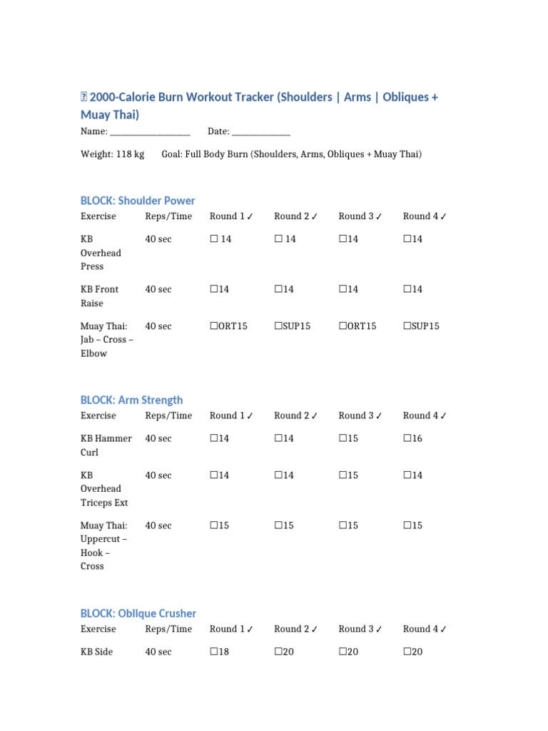 2000-Calorie Workout Tracker: Muay Thai | PDF