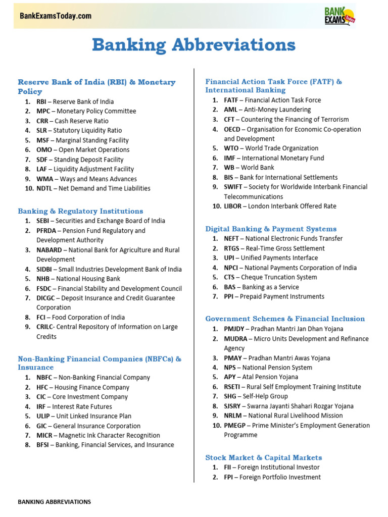 Comprehensive Banking Abbreviations Guide | PDF | Reserve Bank Of India ...