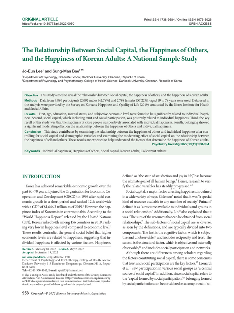 Social Capital and Hapiness in Korea | PDF | Happiness | Social Capital