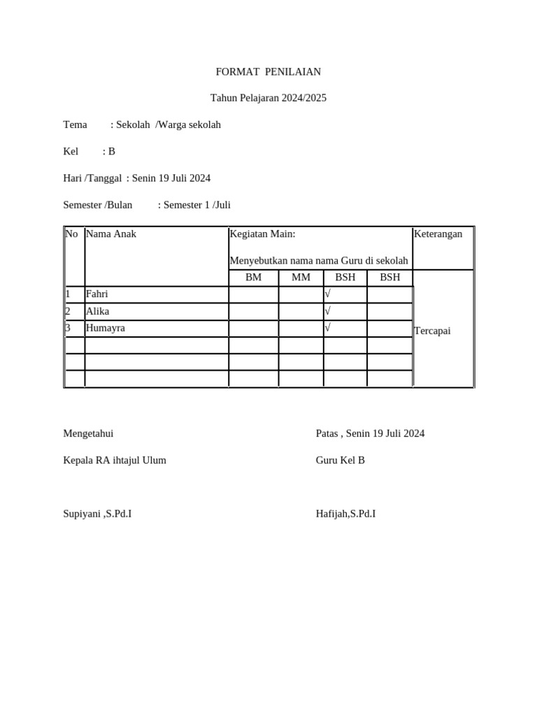 Format Penilaian Mingguan | PDF