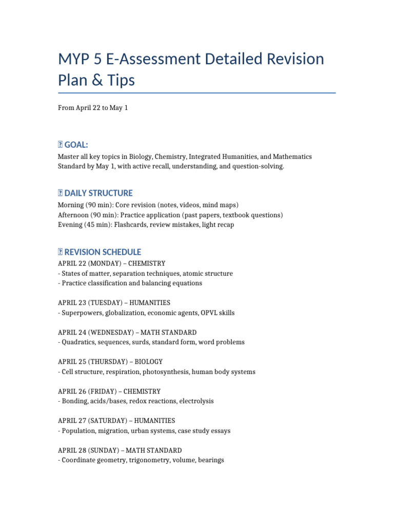 MYP5 Revision Plan Manvi | PDF | Chemistry | Biology