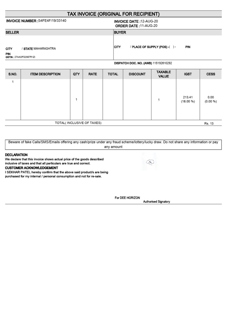 Tax Invoice (Original For Recipient) : S4FE4F/19/33140 Invoice Number ...